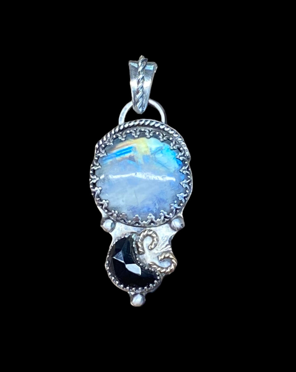 Rainbow Moonstone and onyx moon 🌙 sterling silver pendant $55 – Cool ...